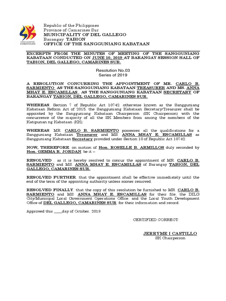 Appointments and Signatories of the Sangguniang Kabataan of Barangay ...