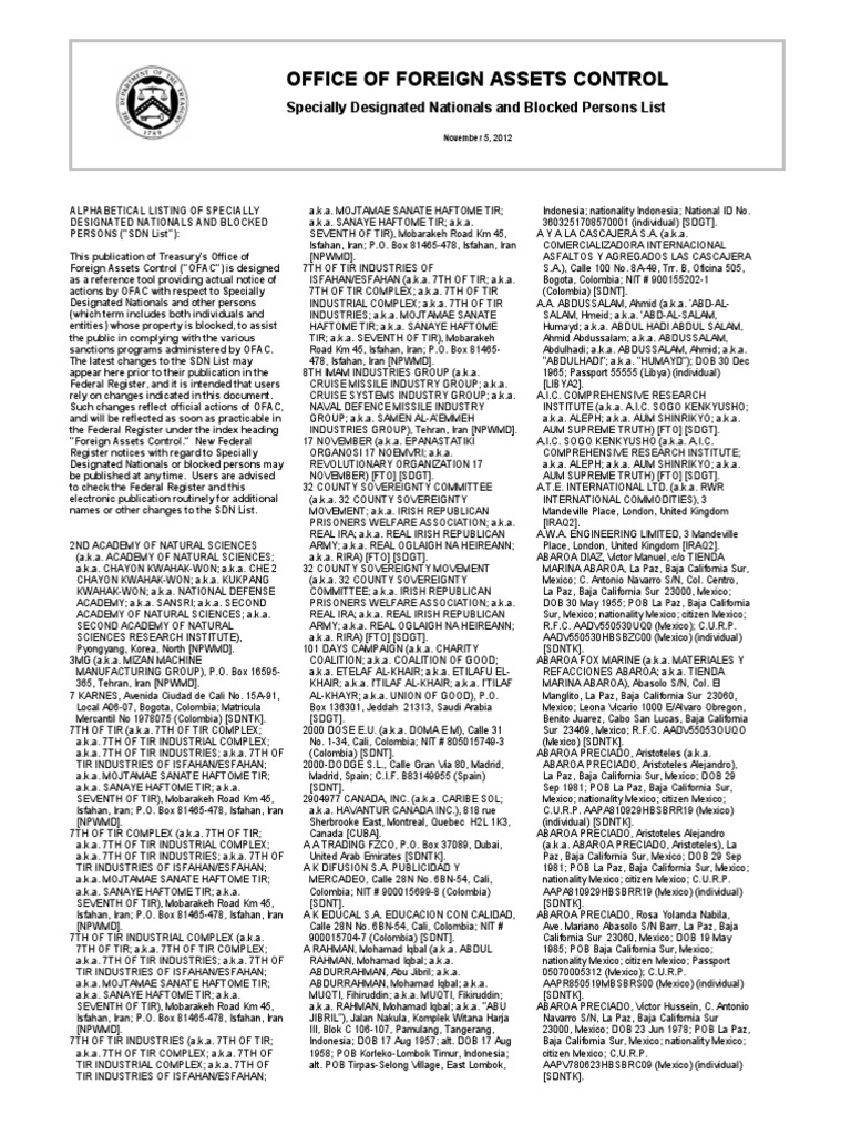 OFAC SDN List - November 2012 | PDF | Office Of Foreign Assets Control | Aum Shinrikyo