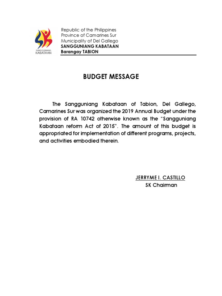 Budget Message: Sangguniang Kabataan Barangay TABION | PDF