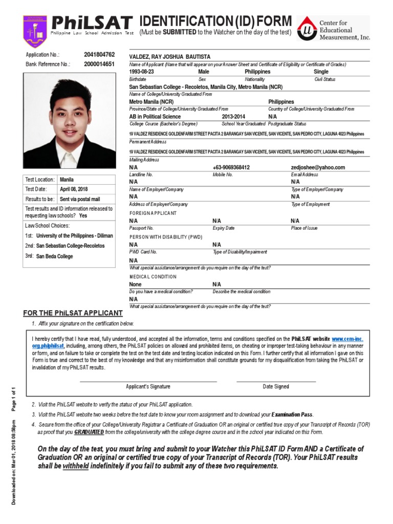 Identification (Id) Form: (Must Be SUBMITTED To The Watcher On The Day ...