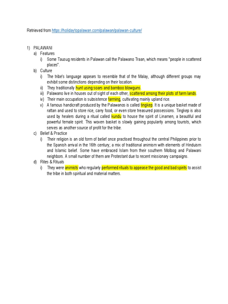 Culture and Traditions of the Palawano Tribe in Palawan | PDF