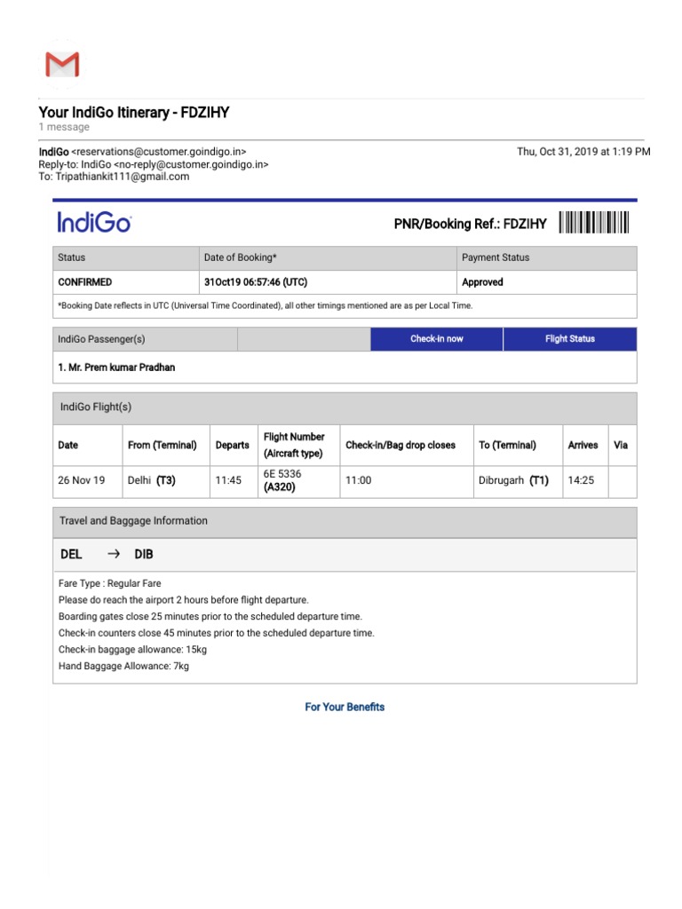 Your Indigo Itinerary - Fdzihy: 1 Message | PDF | Aviation | Transport
