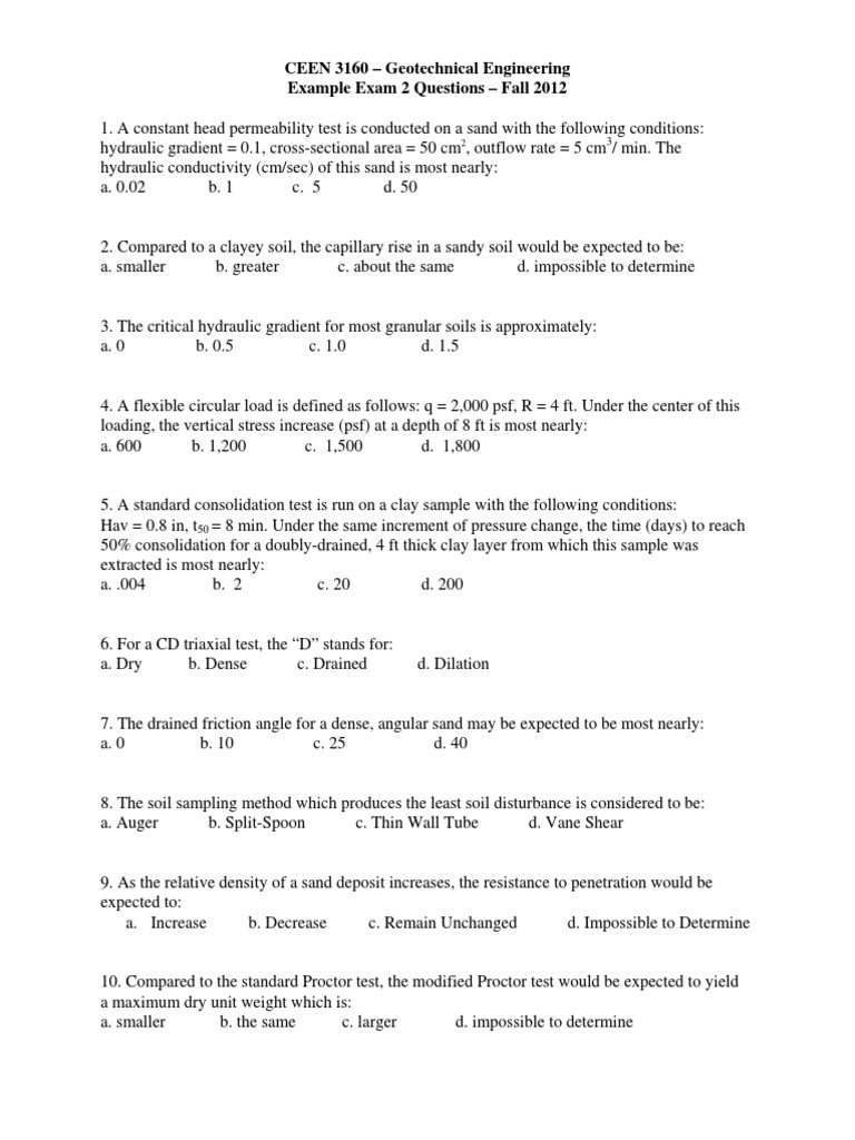 CEEN 3160 - Geotechnical Engineering Example Exam 2 Questions - Fall ...