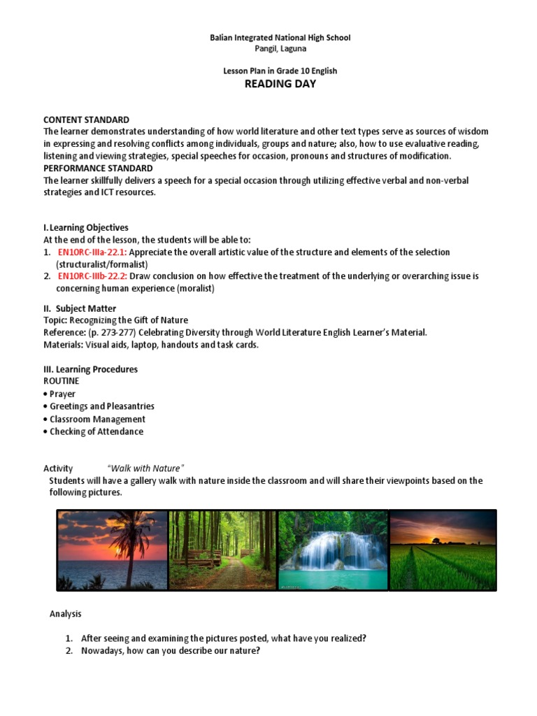 Grade 10 English Lesson Plan: Nature | PDF | Lesson Plan | Learning