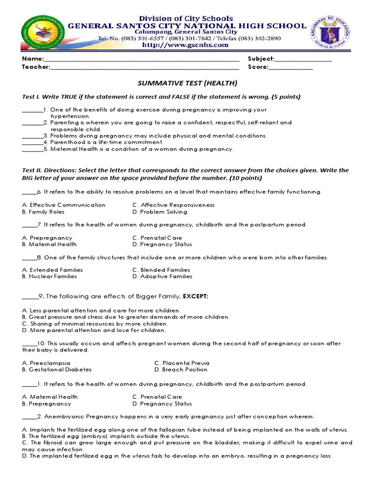 Summative Test Health | PDF | Pregnancy | Maternal Health
