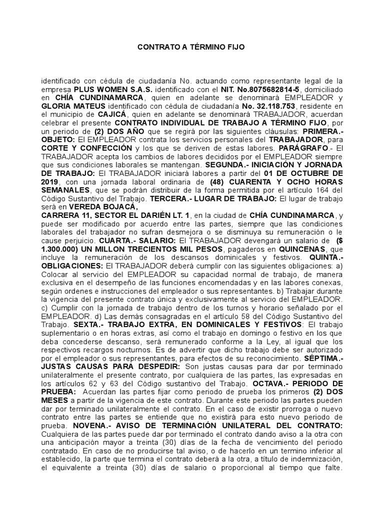 Contrato de Trabajo a Término Fijo | PDF | Tiempo de trabajo | Salario
