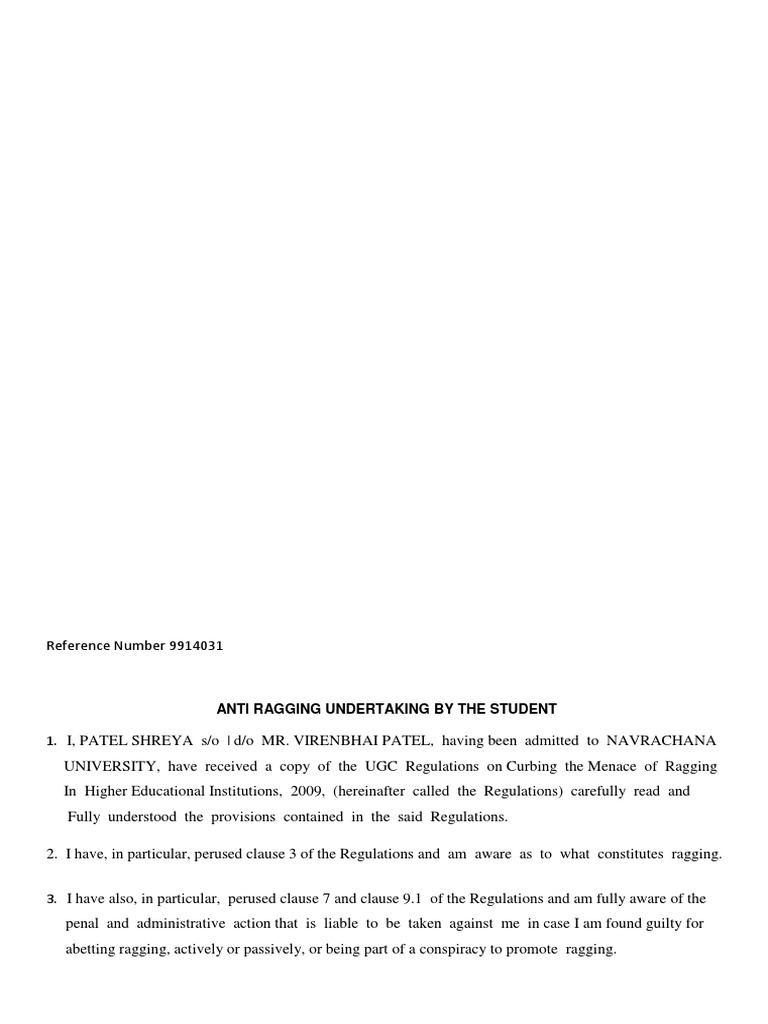 Anti Ragging Undertaking by The Student | PDF | Social Science