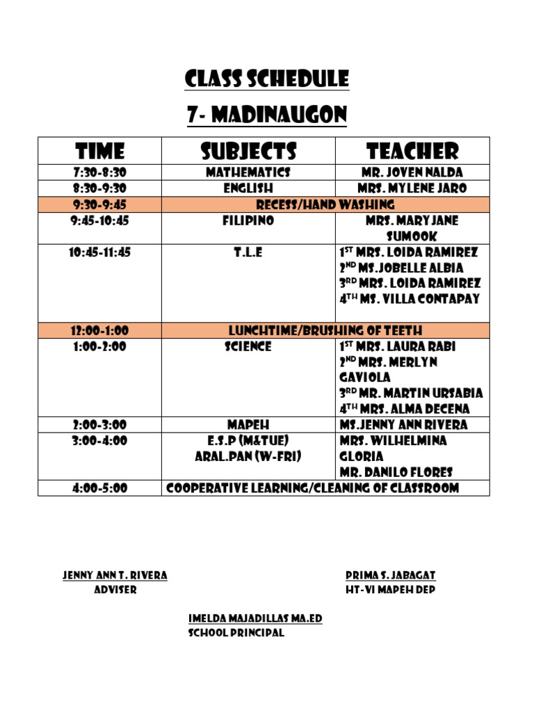 Class Schedule 7-Madinaugon Time Subjects Teacher | PDF
