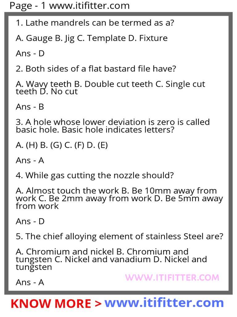 1 - Iti Fitter Multiple Choice Questions Paper With Answers PDF | PDF