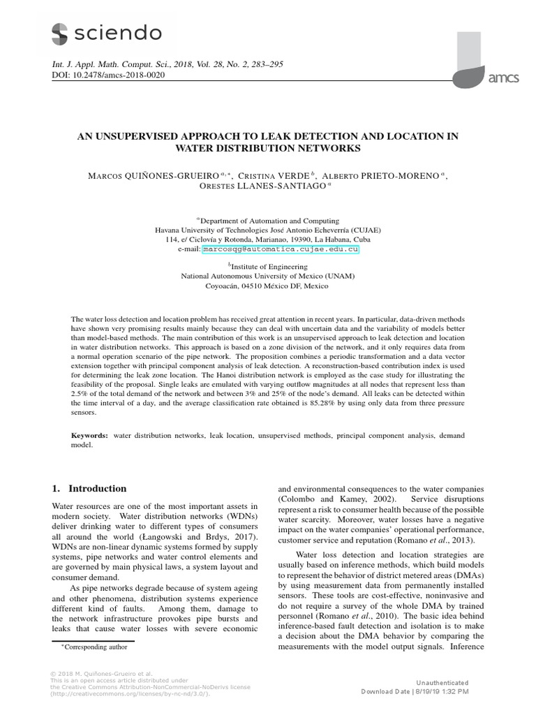 An Unsupervised Approach To Leak Detection and Location in Water Distribution Networks | PDF ...