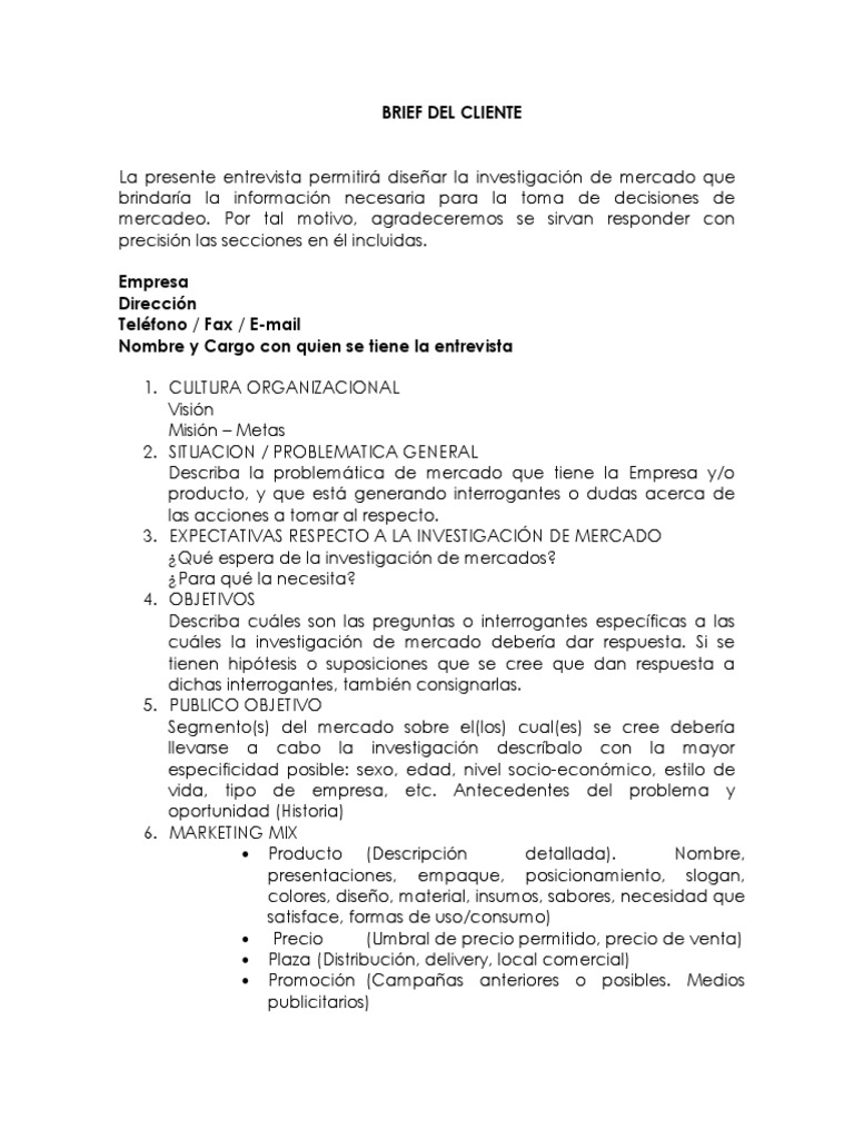 Brief Cliente | PDF | Investigación de mercado | Marketing