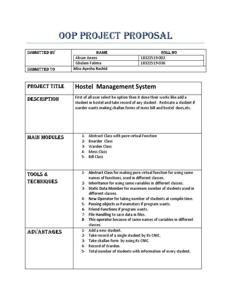 Oop Project Proposal: Hostel Management System | PDF