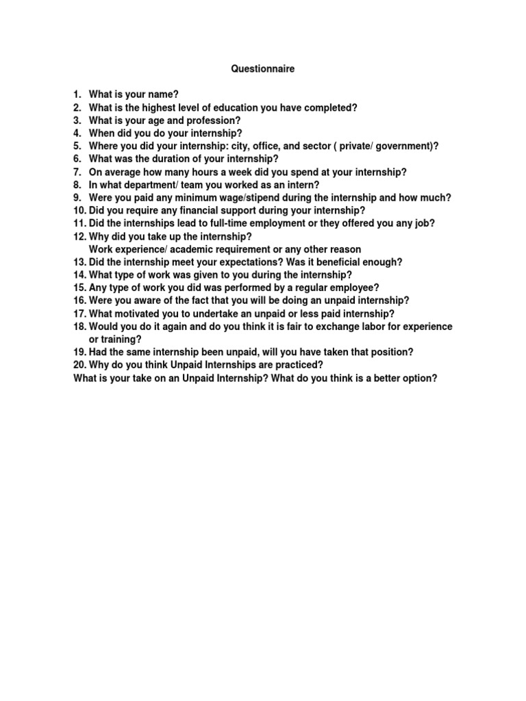 Questionnaire Unpaid Internship | PDF | Internship | Job Hunting