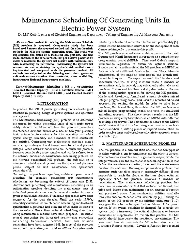 Maintenance Scheduling of Generating Units in Electric Power System | PDF | Mathematical ...