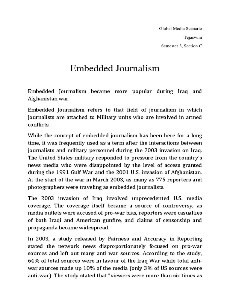 Embedded Journalism: Global Media Scenario Tejaswini Semester 3 ...