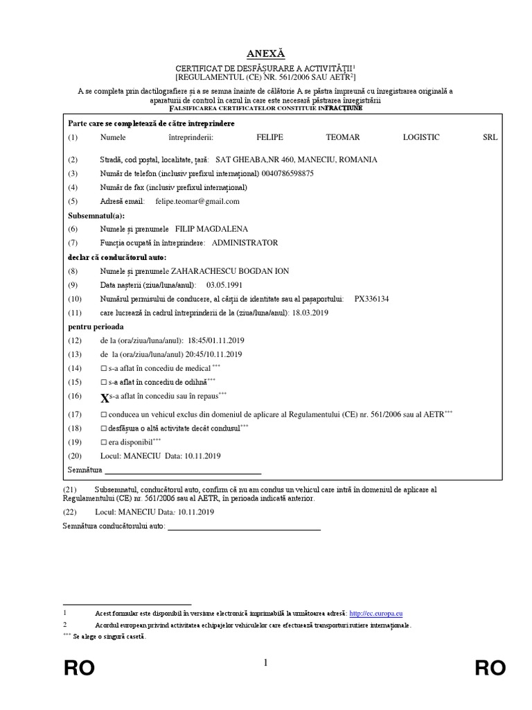 Certificat de Desfasurare A Activitatii - Foaie Concediu Sofer | PDF