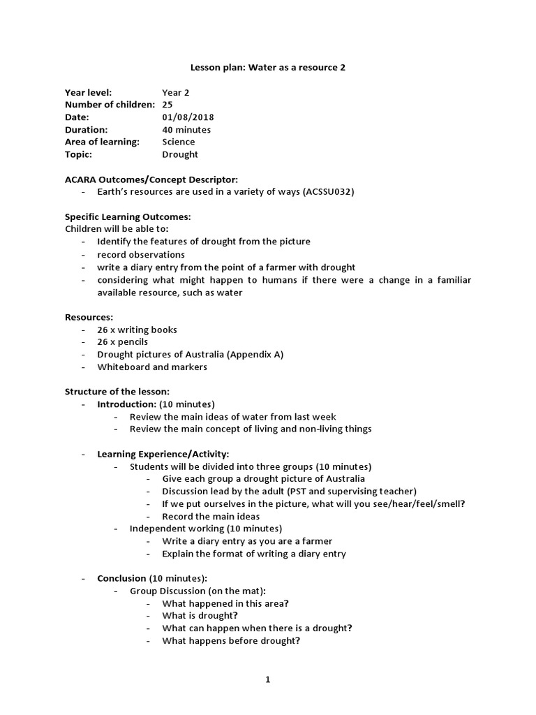 Lesson Plan: Water As A Resource 2 Year Level: Number of Children: 25 ...