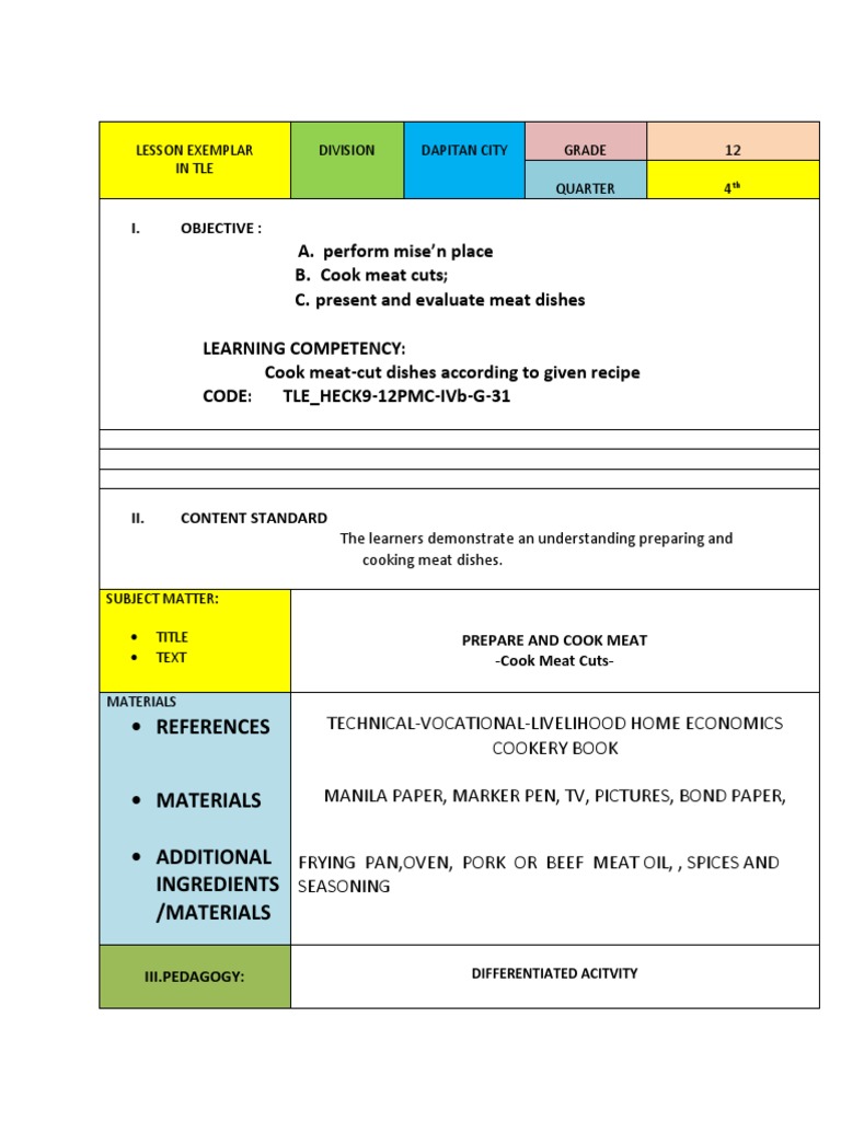 Grade 12 Meat Cookery Lesson Plan | PDF | Cooking | Grilling