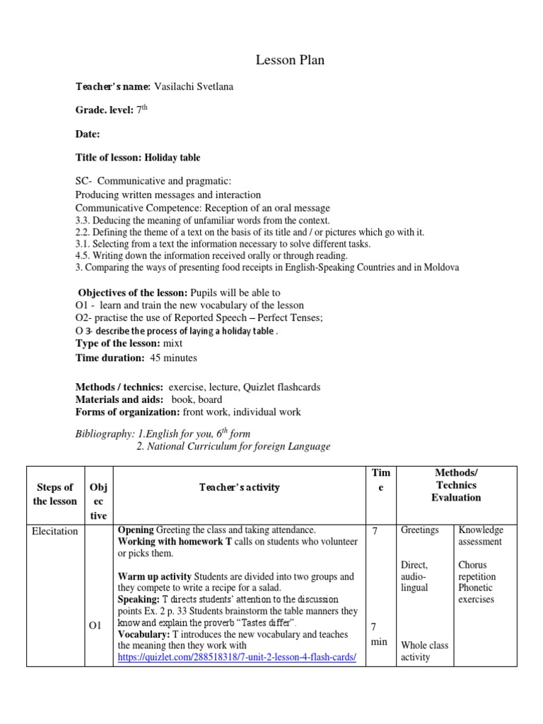 Lesson Plan: Bibliography: 1.english For You, 6 Form 2. National ...