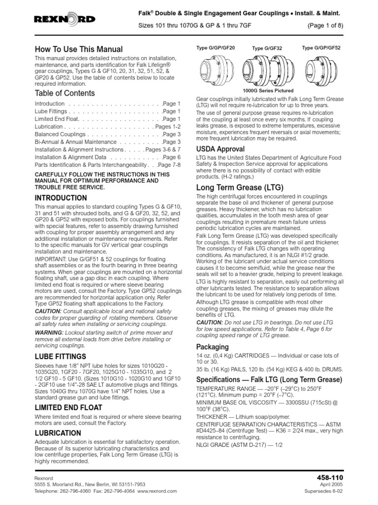 458 110 Falk Lifelign Type G, Sizes 1010 1070 Gear Couplings ...