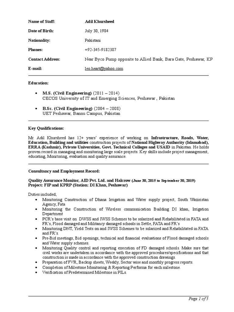 Adil Khursheed CV | PDF | Federally Administered Tribal Areas | Pakistan