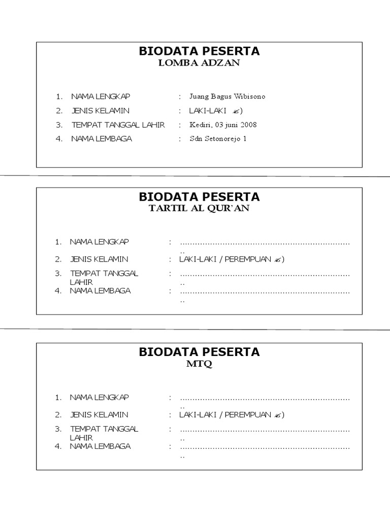 Biodata Peserta Lomba | PDF