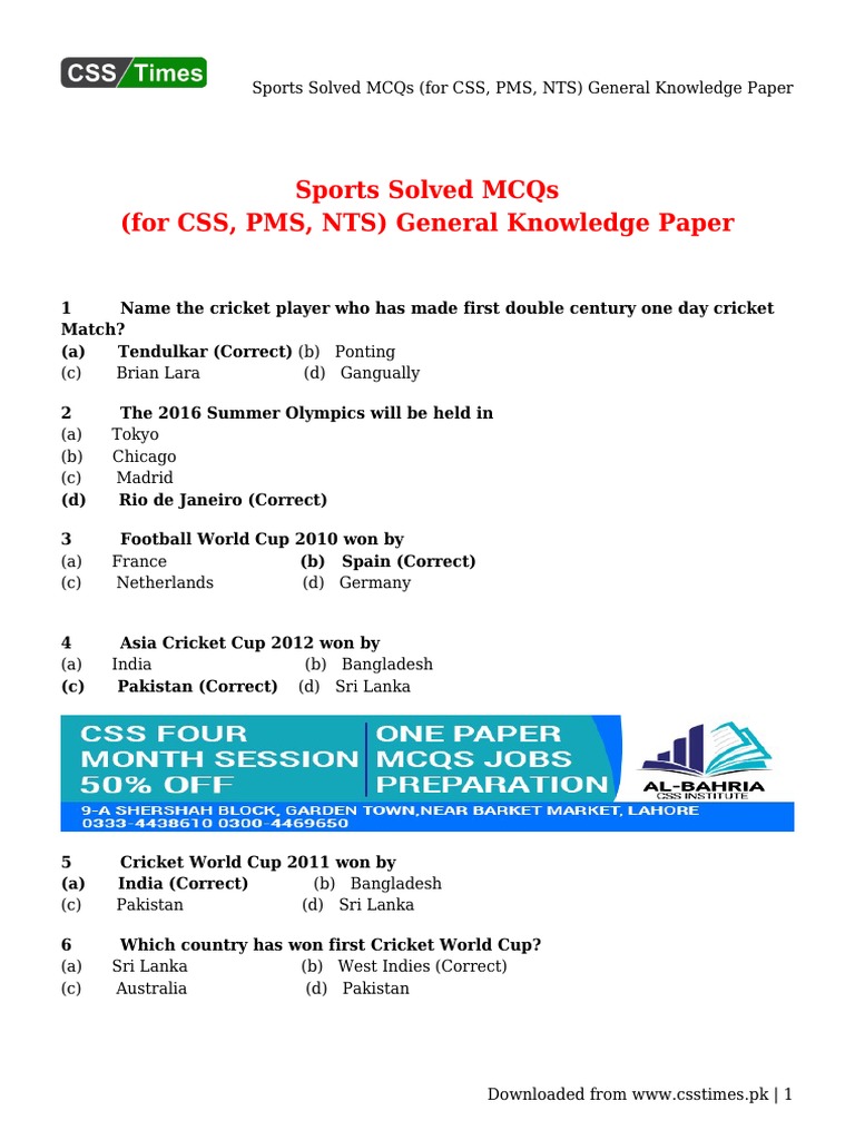 Sports MCQs for Competitive Exams | PDF | Ball And Bat Games ...