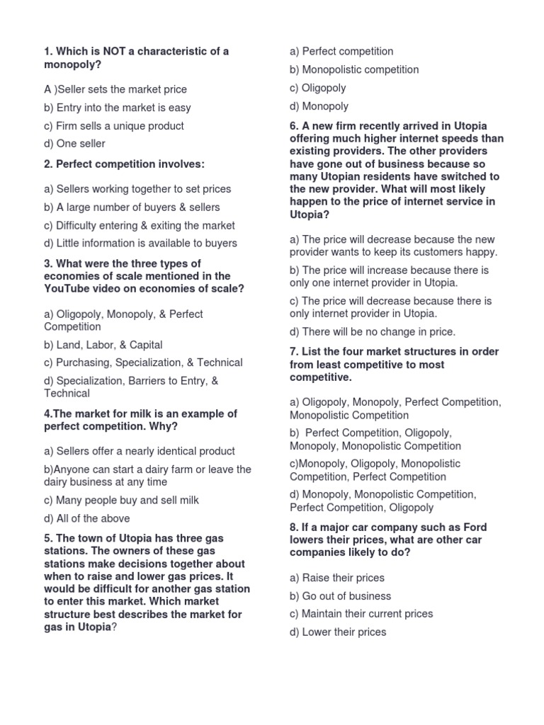 Market Structure Quiz | PDF | Monopoly | Perfect Competition