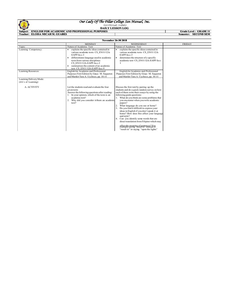 EAPP DLL From Week 1-Week5 | PDF | Question | Teachers