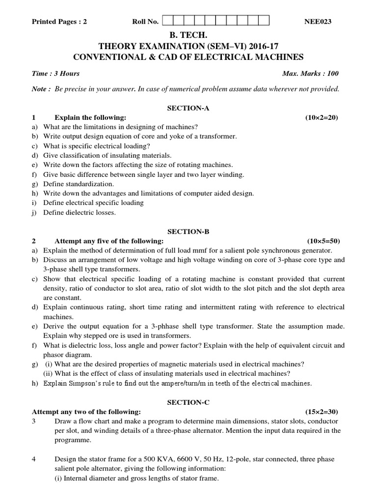 Btech Ee 6 Sem Conventional and Cad of Electrical Machines Nee 023 2016 ... Btech Ee 6 Sem Conventional and Cad of Electrical Machines Nee 023 2016 ...