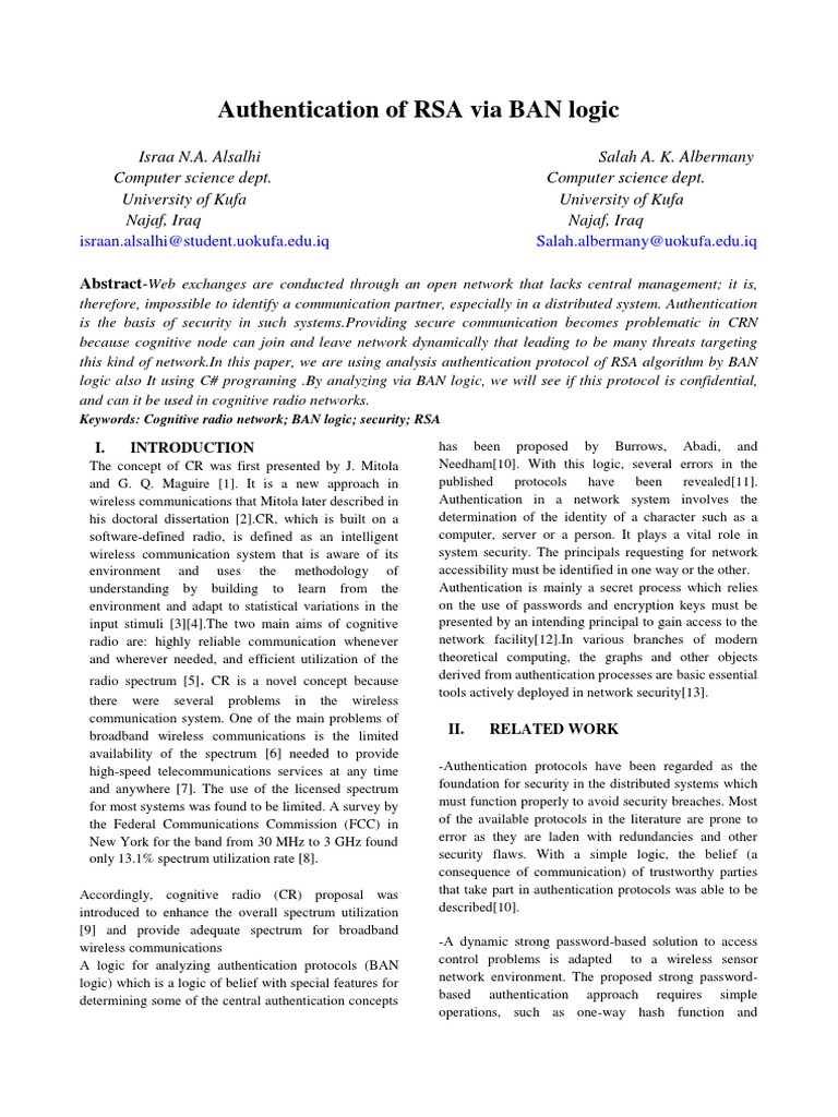 Authentication of RSA via BAN logic analyzed using C | PDF | Cognitive Radio | Computer Network