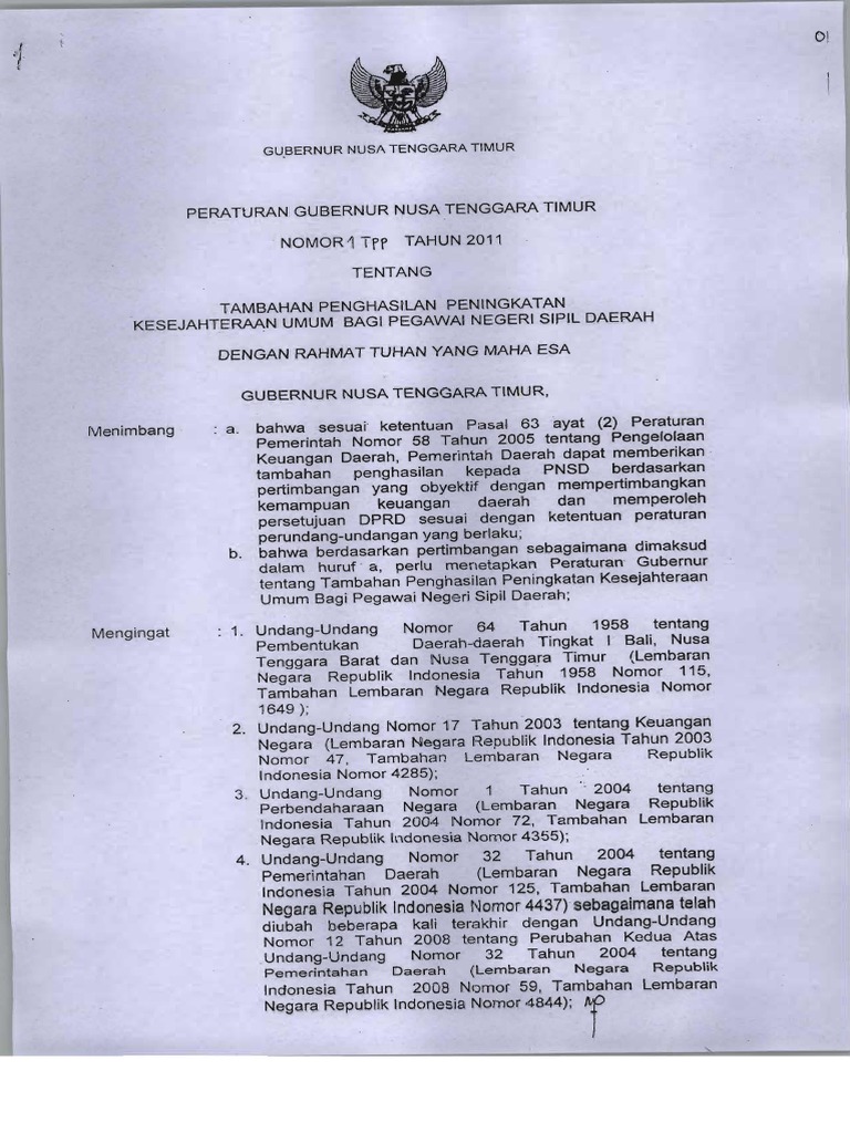 Pergub Prov. NTT No. 1 TPP Tahun 2011 | PDF
