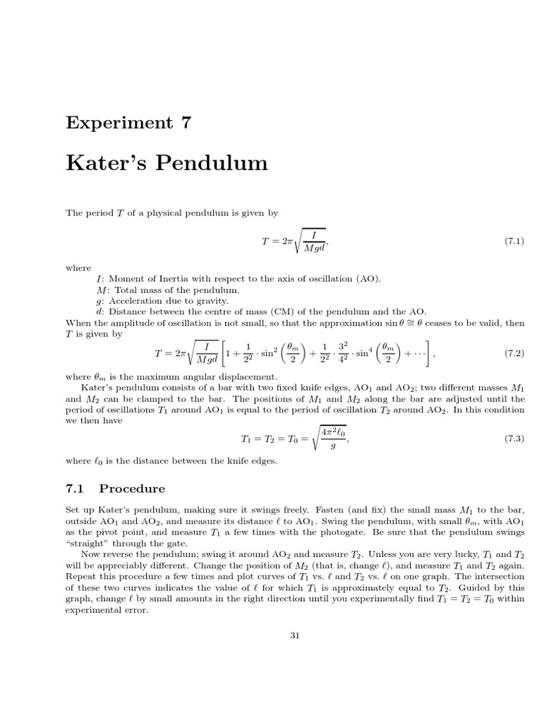 Kater's Pendulum: Experiment 7 | PDF | Pendulum | Physics