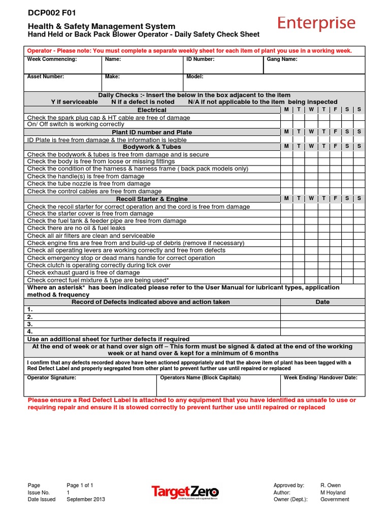 DCP002 F01 Health & Safety Management System Hand Held or Back Pack ...
