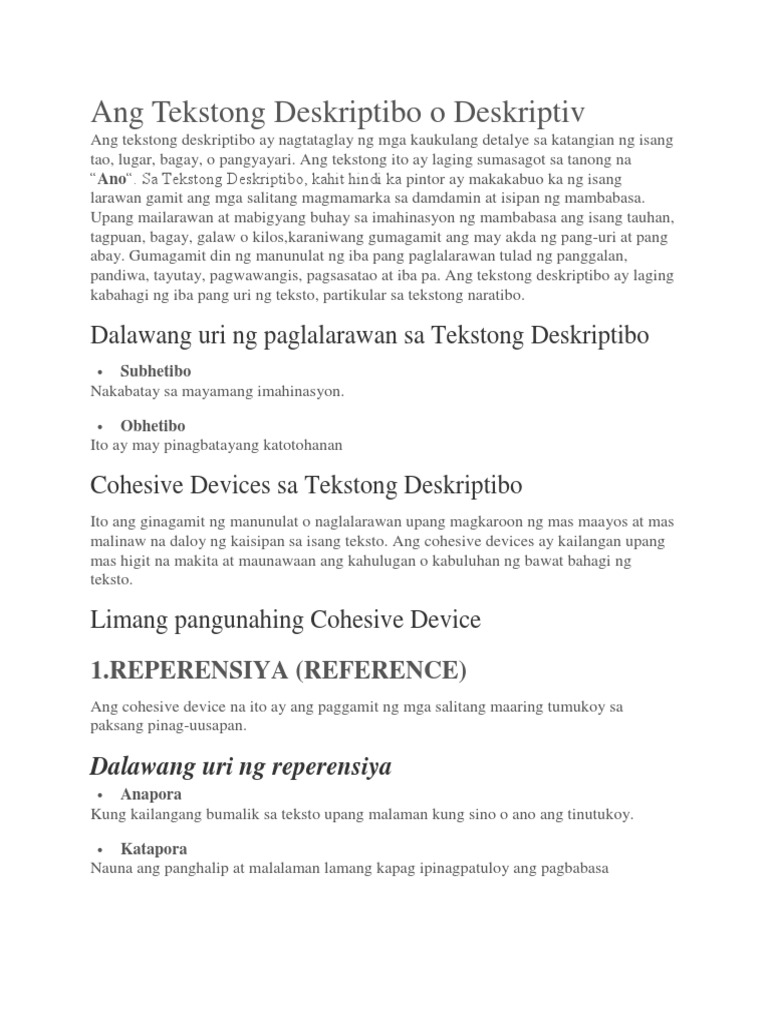 Ang Tekstong Deskriptibo o Deskriptiv | PDF