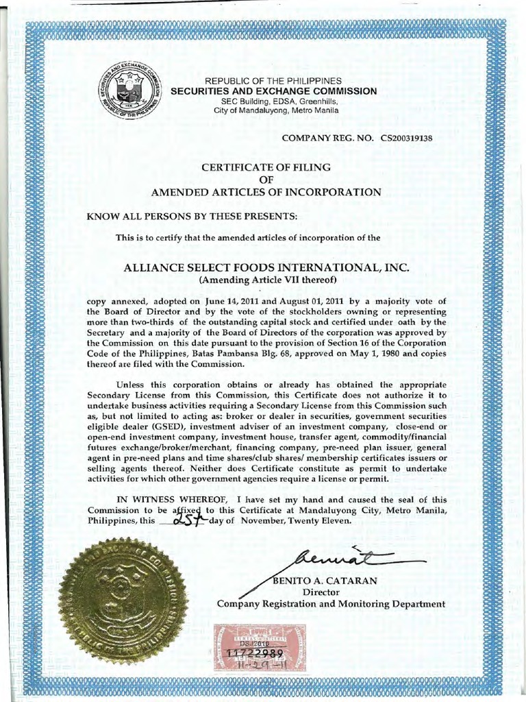 Articles of Incorp Nov. 25 2011 | PDF | Debt | Securities (Finance)