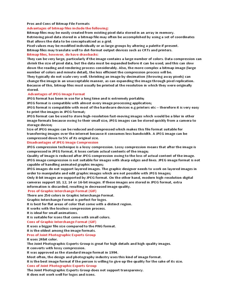 Pros and Cons of Bitmap File Formats | PDF | Raw Image Format | Data ...