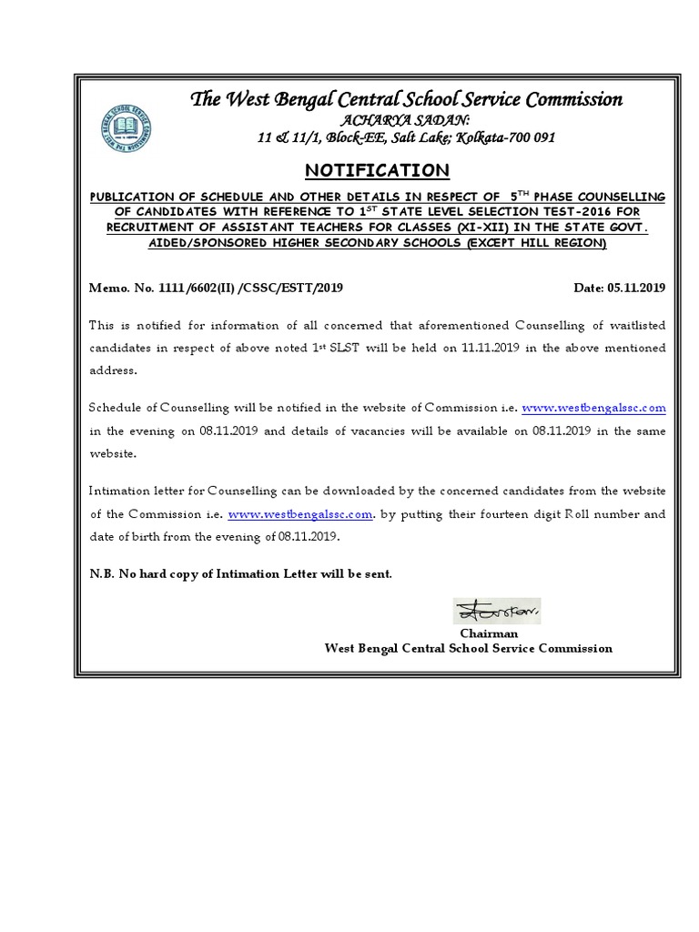 The West Bengal Central School Service Commission: Notice | PDF