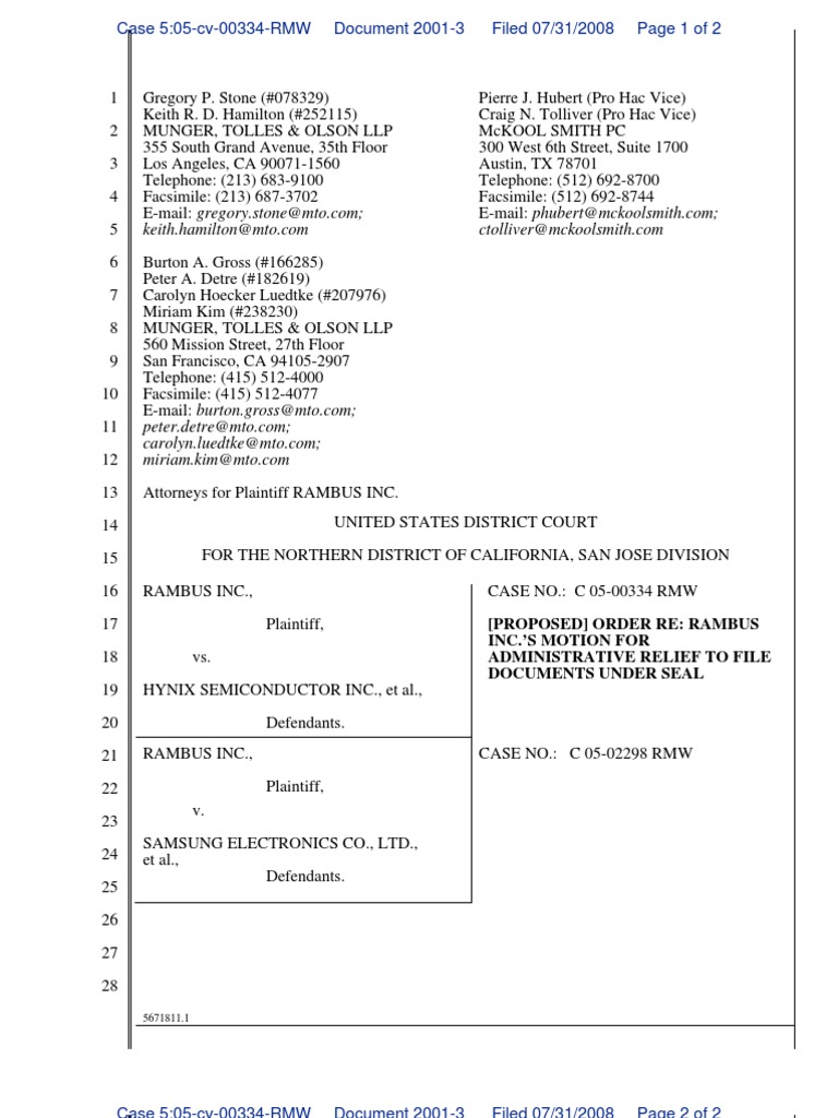 (Proposed) Order Re: Rambus Inc.'S Motion For Administrative Relief To File Documents Under Seal ...
