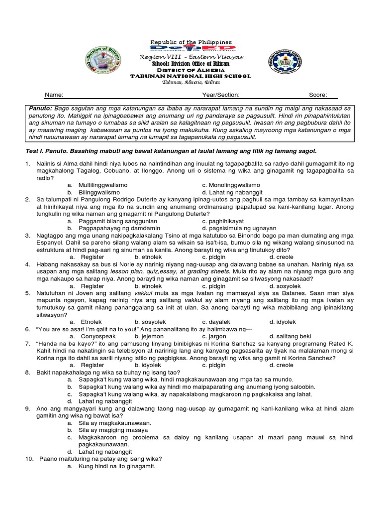 Exam in Filipino | PDF