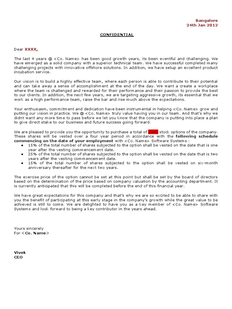 ESOP Offer Letter Template | PDF | Vesting | Option (Finance) ESOP Offer Letter Template | PDF | Vesting | Option (Finance)