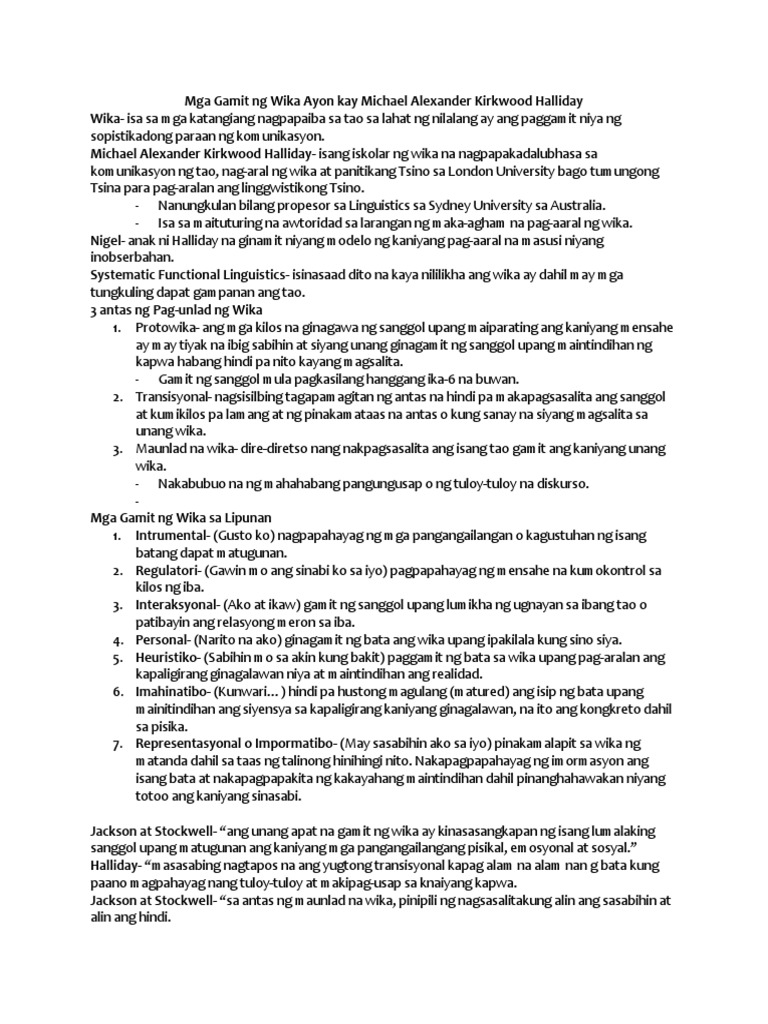 Mga Gamit NG Wika Ayon Kay Michael Alexander Kirkwood Halliday | PDF