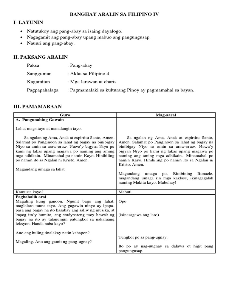 Banghay Aralin Sa Filipino IV | PDF