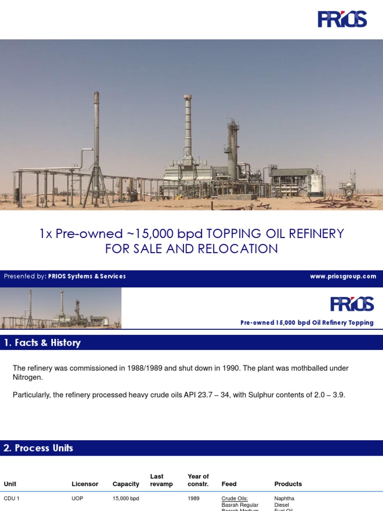 Pre-owned 15,000 bpd Topping Refinery | PDF | Oil Refinery | Barrel (Unit)