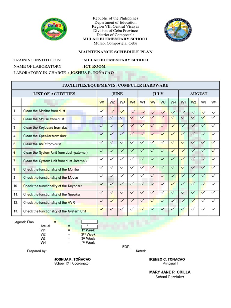 Maintenance Schedule Plan: Mulao Elementary School | PDF | Digital ...
