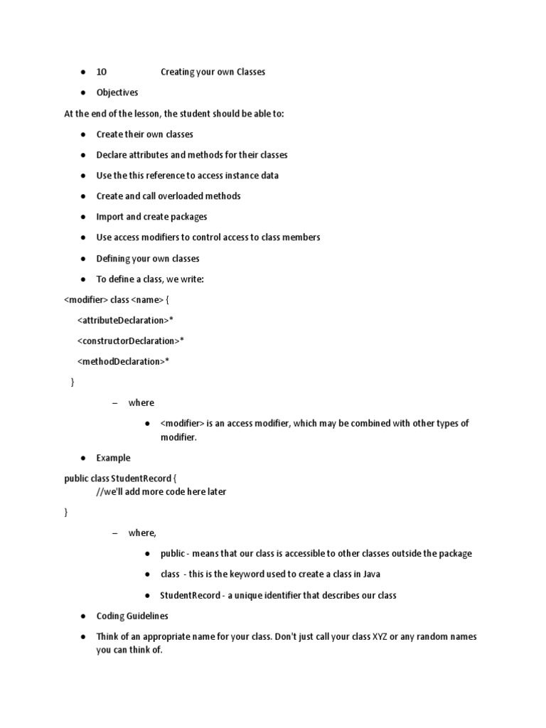 Creating Your Own Classes In Java Pdf Constructor Object Oriented Programming Programming