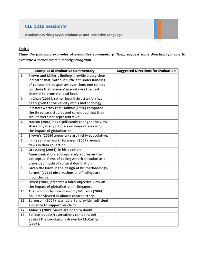 CLE 1210 Session 9: Academic Writing Style: Evaluative and Tentative ...