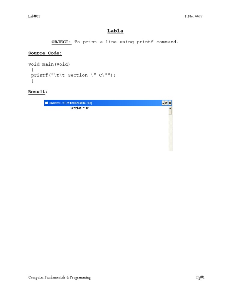 Lab1a: OBJECT: To Print A Line Using Printf Command. Source Code | PDF | Computers