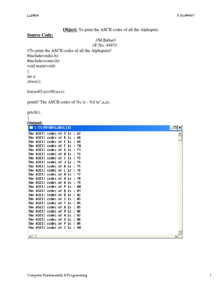 Object: To Print The ASCII Codes of All The Alphapets. Source Code | PDF | Fahrenheit | Volume