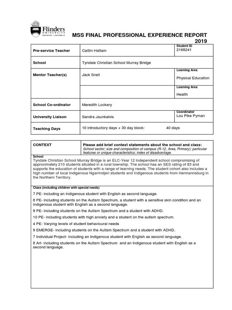 Mss Final Professional Experience Report 2019: Pre-service Teacher ...